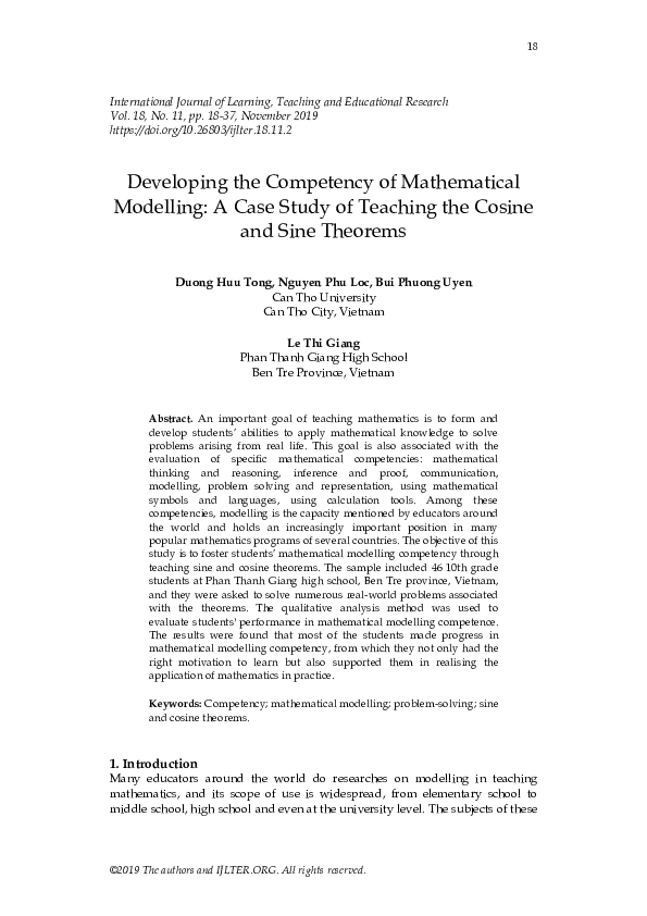 (PDF) Developing the Competency of Mathematical Modelling: A Case Study of Teaching the Cosine ...