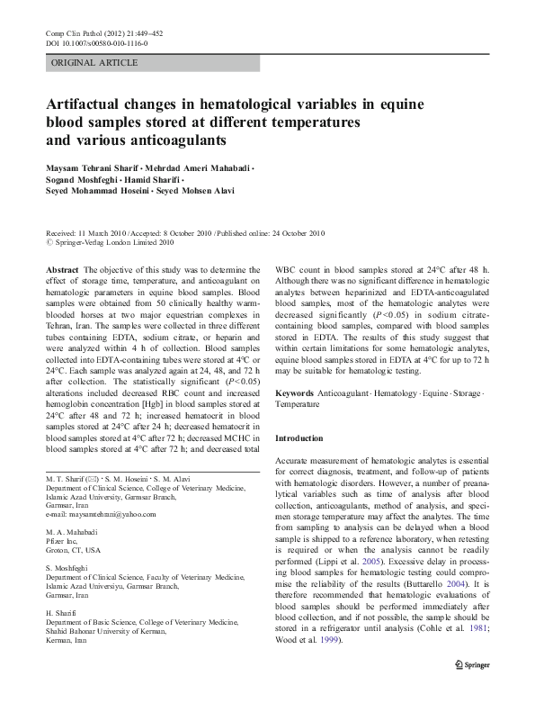 (PDF) Artifactual changes in hematological variables in equine blood ...