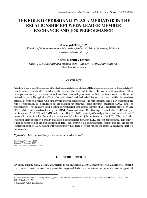 (PDF) The Role of Personality as a Mediator in the Relationship Between ...