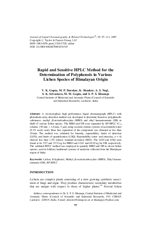 (PDF) Rapid and Sensitive HPLC Method for the Determination of Polyphenols in Various Lichen ...