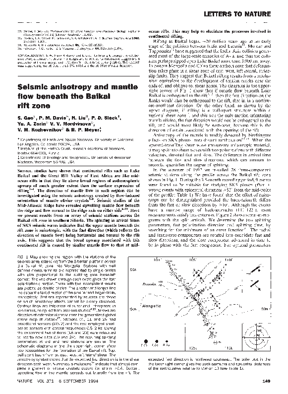 (PDF) Seismic anisotropy and mantle flow beneath the Baikal rift zone ...