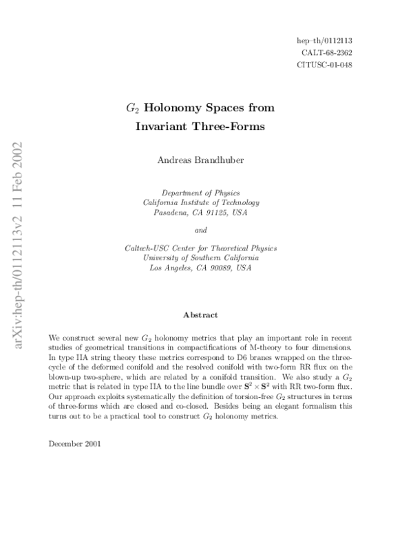 (PDF) G2 holonomy spaces from invariant three-forms