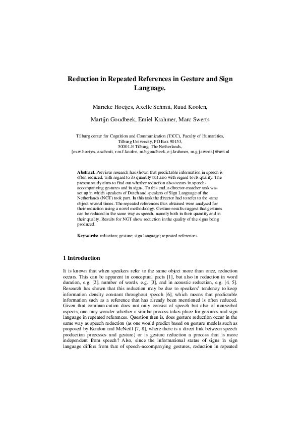 (PDF) Reduction in Repeated References in Gesture and Sign