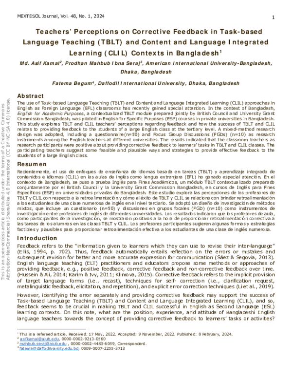 (PDF) Teachers’ Perceptions on Corrective Feedback in Task-based Language Teaching (TBLT) and ...