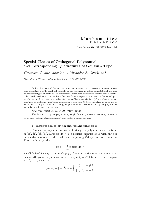 (PDF) Special Classes of Orthogonal Polynomials and Corresponding Quadratures of Gaussian Type