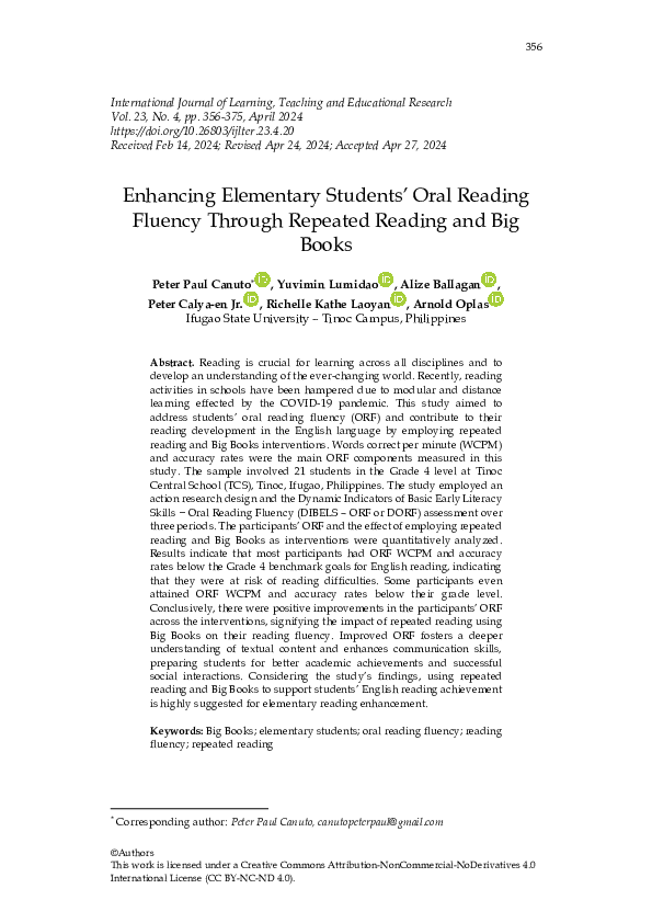 (PDF) Enhancing Elementary Students' Oral Reading Fluency Through Repeated Reading and Big Books