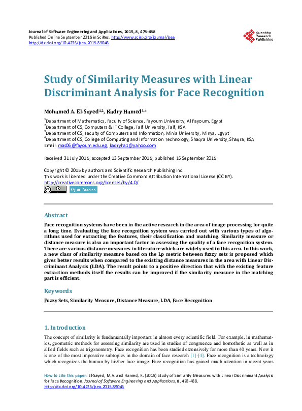 (PDF) Study of Similarity Measures with Linear Discriminant Analysis for Face Recognition
