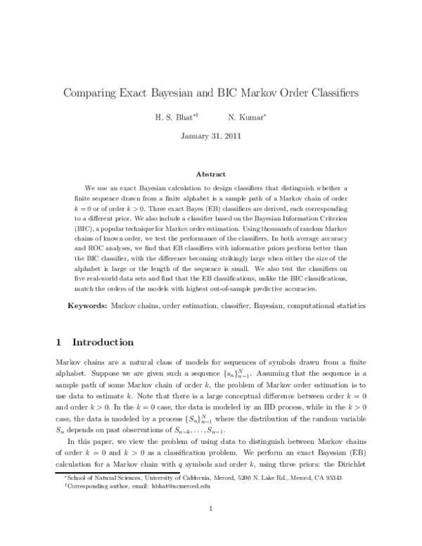 (PDF) Comparing Exact Bayesian and BIC Markov Order Classifiers
