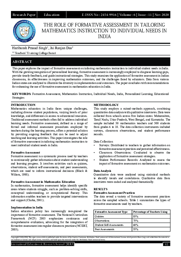 (PDF) THE ROLE OF FORMATIVE ASSESSMENT IN TAILORING MATHEMATICS ...