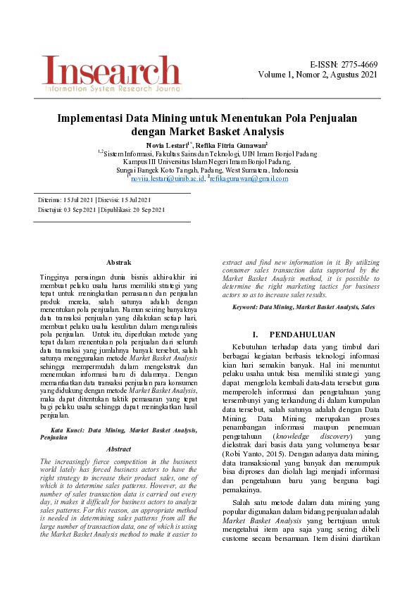 (PDF) Implementasi Data Mining Untuk Menentukan Pola Penjualan Dengan Market Basket Analysis