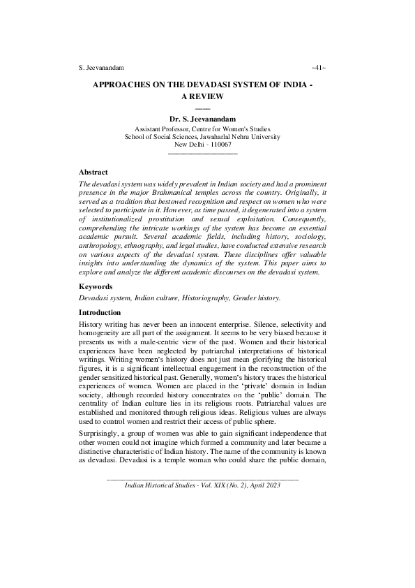 (PDF) Approaches on the Devadasi System of India - A Review