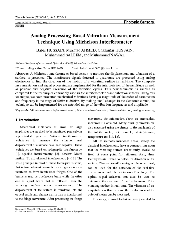(PDF) Analog processing based vibration measurement technique using michelson interferometer ...