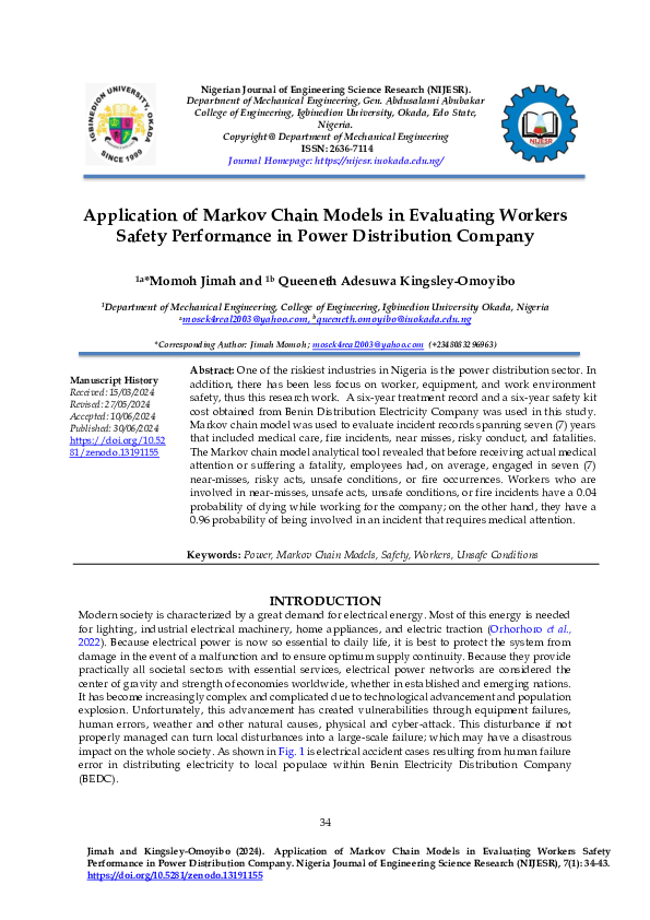 (PDF) Application of Markov Chain Models in Evaluating Workers Safety Performance in Power ...