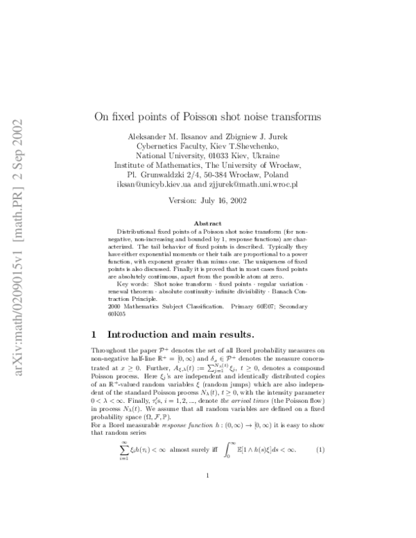 (PDF) On fixed points of poisson shot noise transforms