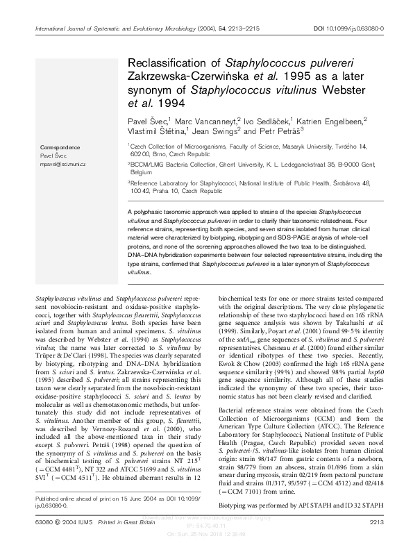 (PDF) Reclassification of Staphylococcus pulvereri Zakrzewska ...