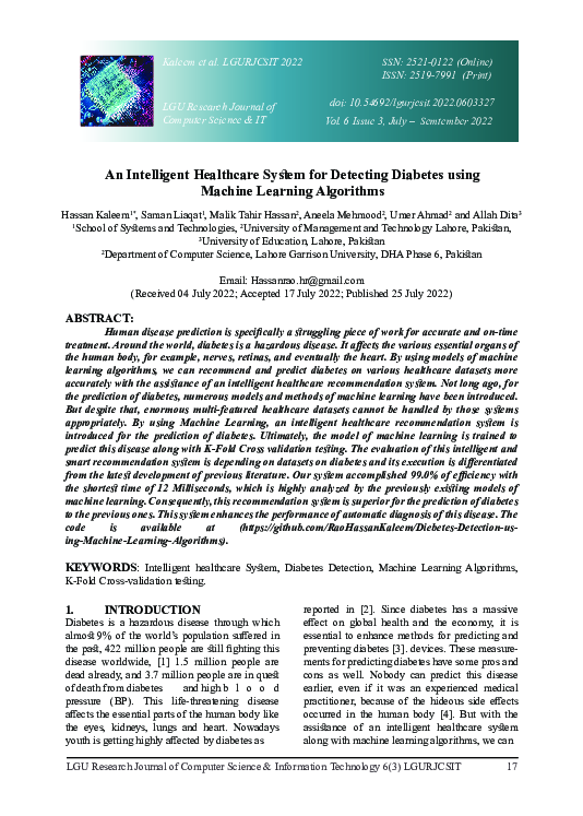 (PDF) An Intelligent Healthcare system for detecting diabetes using ...