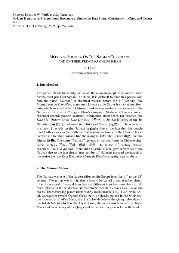 (PDF) MEDIEVAL SOURCES ON THE NAIMAN CHRISTIANS AND ON THEIR PRINCE ...