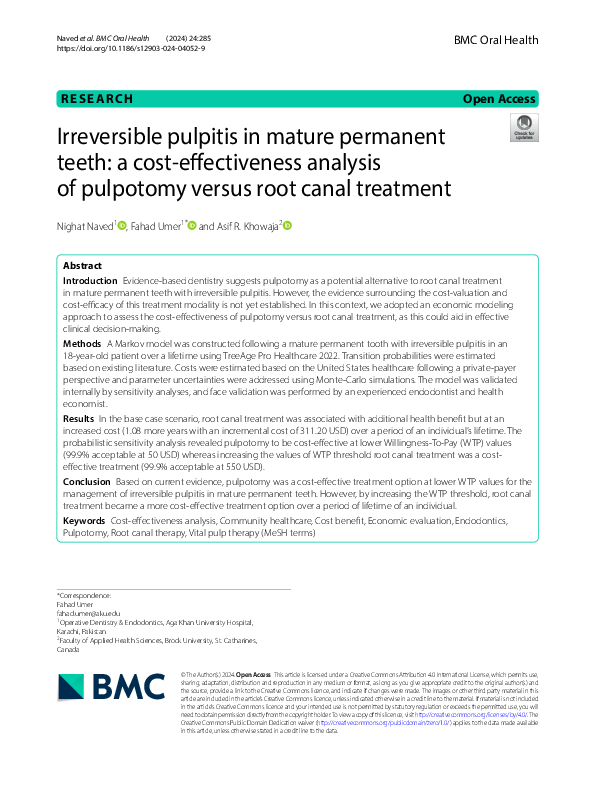 (PDF) Irreversible pulpitis in mature permanent teeth: a cost ...