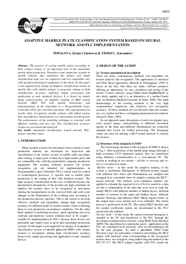 (PDF) Adaptive Marble Plate Classification System Based on Neural ...