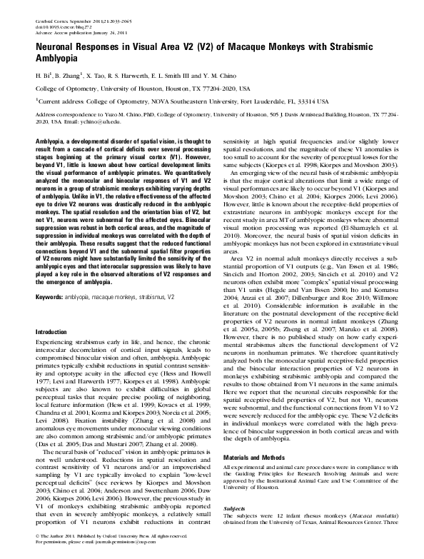 (PDF) Neuronal Responses in Visual Area V2 (V2) of Macaque Monkeys with Strabismic Amblyopia
