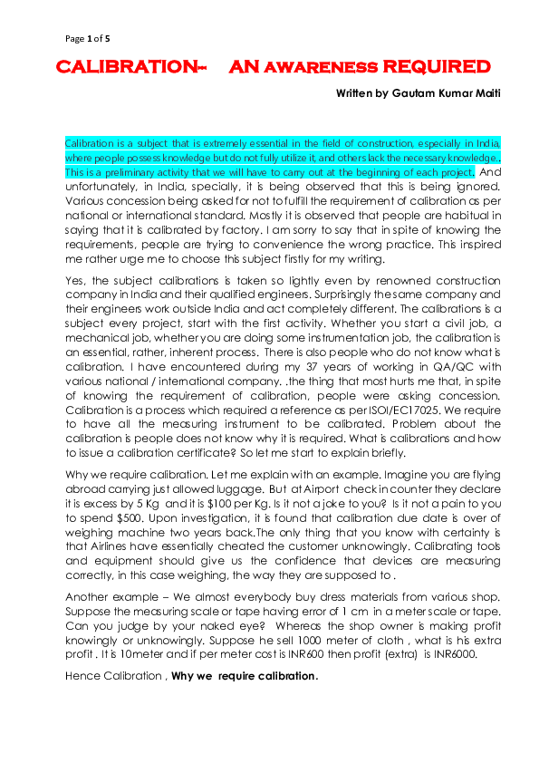 (PDF) CALIBRATION--AN awareness REQUIRED