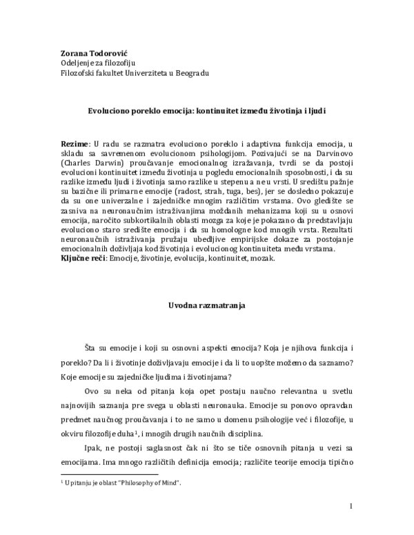 (PDF) Evoluciono poreklo emocija: kontinuitet između životinja i ljudi