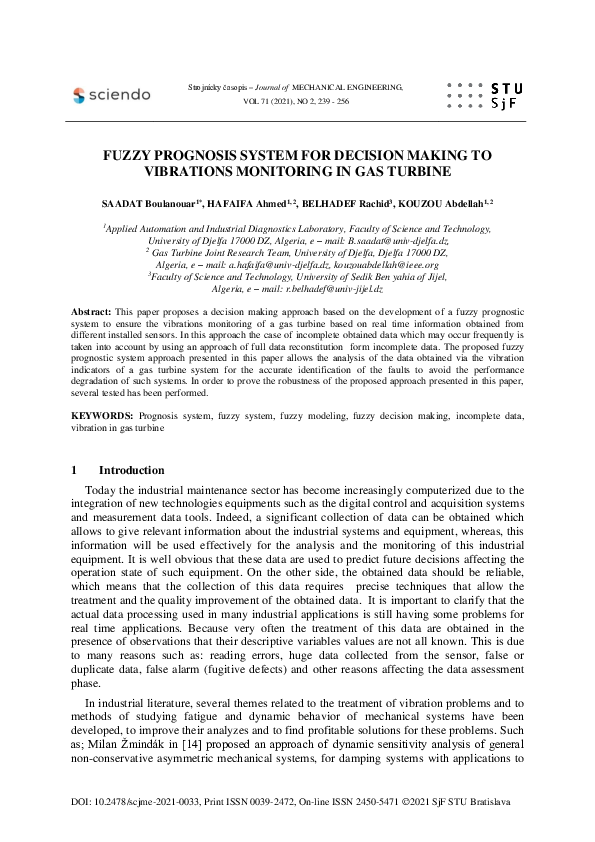 (PDF) Fuzzy Prognosis System for Decision Making to Vibrations Monitoring in Gas Turbine | Nouar ...