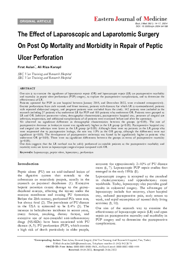 (PDF) The Effect of Laparoscopic and Laparotomic Surgery On Post Op ...