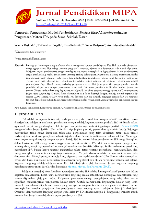(PDF) Pengaruh Penggunaan Model Pembelajaran Project Based Learning terhadap Penguasaan Materi ...