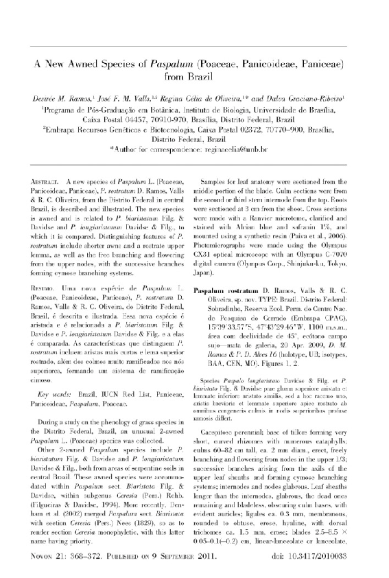 (PDF) A New Awned Species ofPaspalum(Poaceae, Panicoideae, Paniceae ...