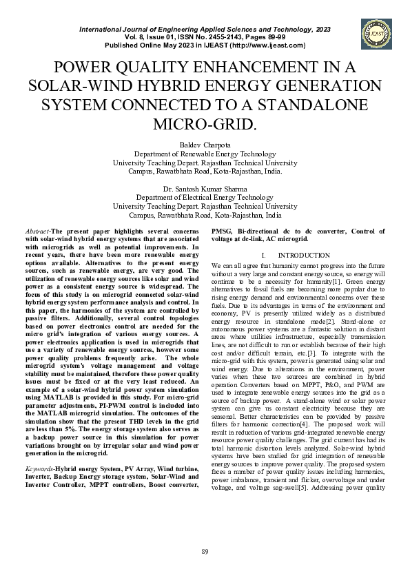 (PDF) Power Quality Enhancement in a Solar-Wind Hybrid Energy Generation System Connected to a ...