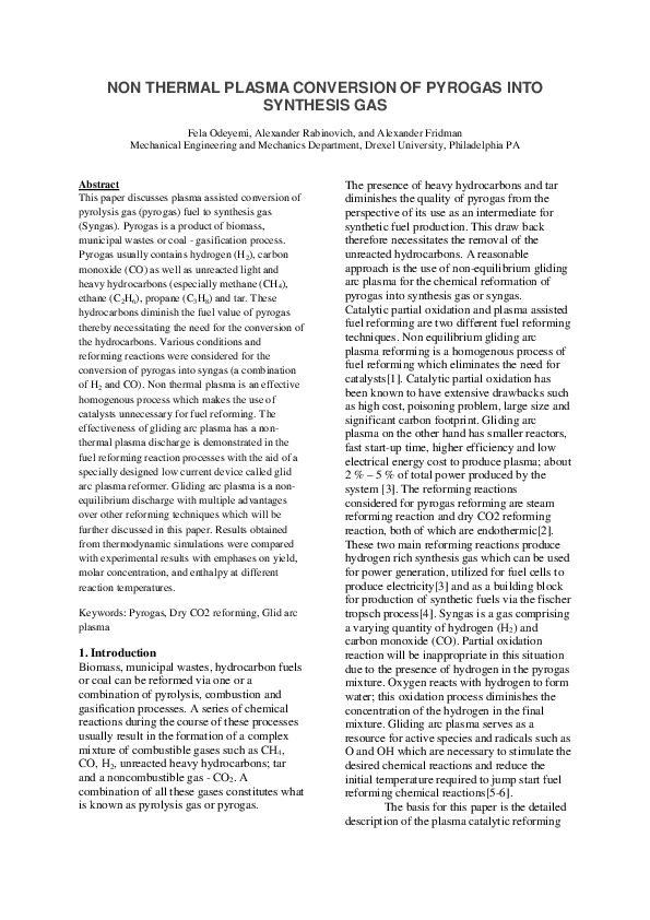 (PDF) Non Thermal Plasma Conversion of Pyrogas Into Synthesis Gas