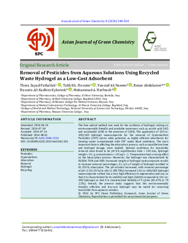 (PDF) Removal of Pesticides from Aqueous Solutions Using Recycled Waste Hydrogel as a Low-Cost ...
