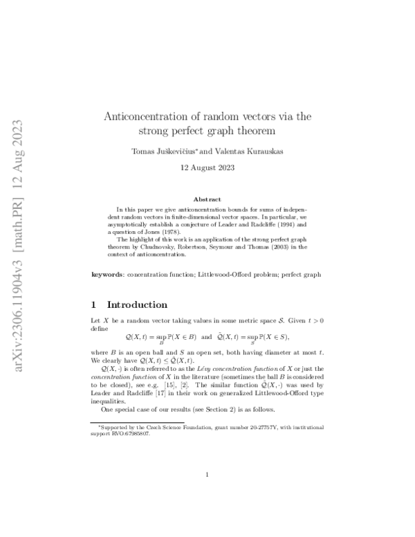 (PDF) Anticoncentration of random vectors via the strong perfect graph ...