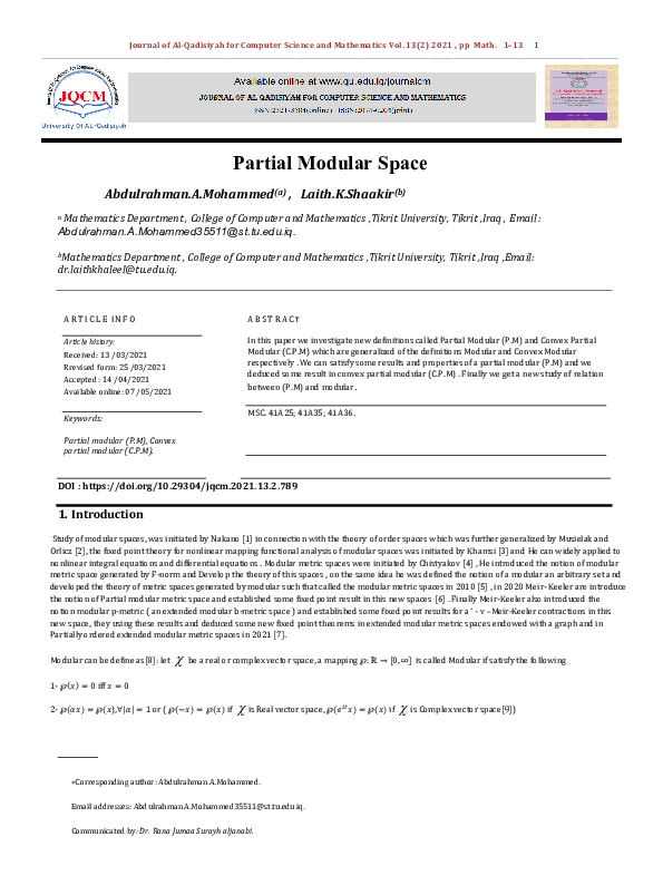 (PDF) Partial Modular Space