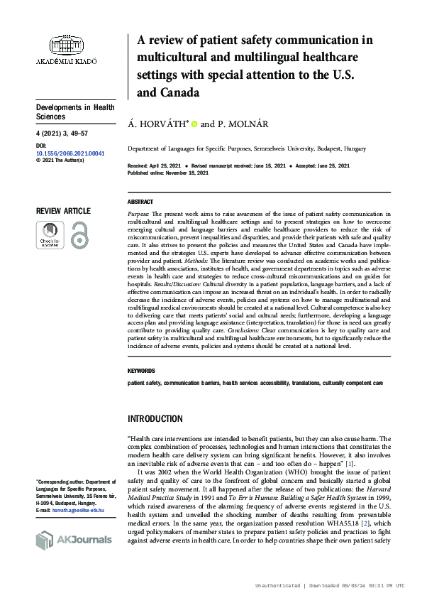 (PDF) A review of patient safety communication in multicultural and ...