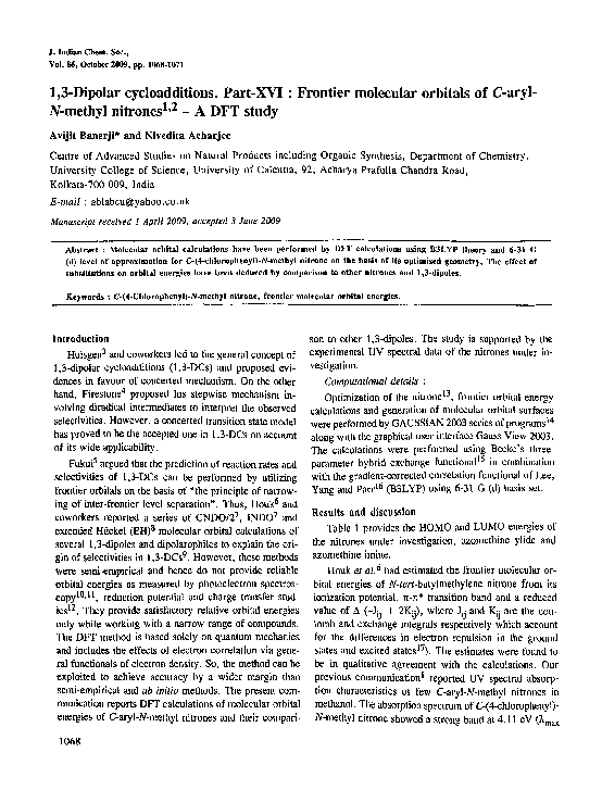 (PDF) 1,3-Dipolar cycloadditions. Part-XVI Frontier molecular orbitals ...