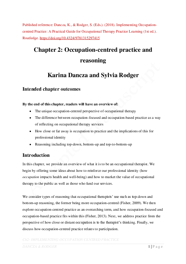 (PDF) Dancza and Rodger Chapter 2 Occupation centred practice accepted ...