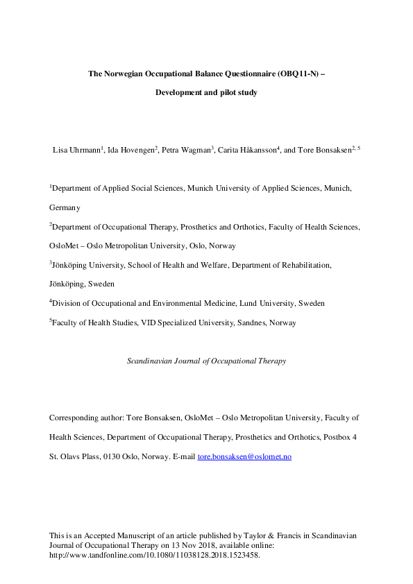 (PDF) The Norwegian Occupational Balance Questionnaire (OBQ11-N ...