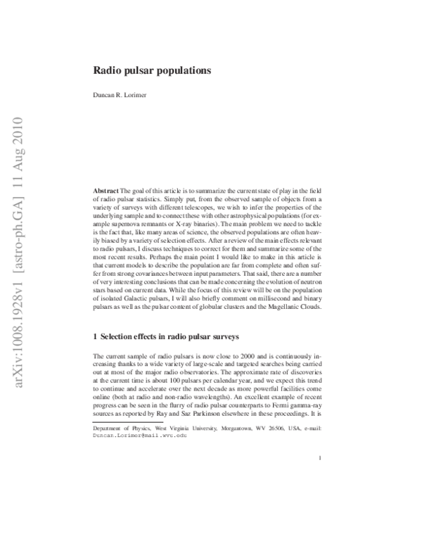 (PDF) Radio pulsar populations