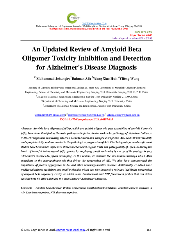 (PDF) An Updated Review of Amyloid Beta Oligomer Toxicity Inhibition and Detection for Alzheimer ...