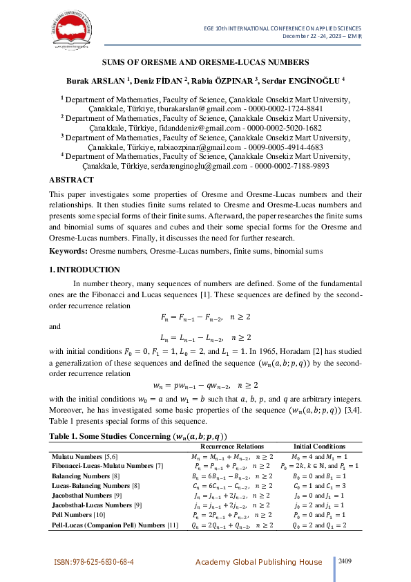 (PDF) SUMS OF ORESME AND ORESME-LUCAS NUMBERS