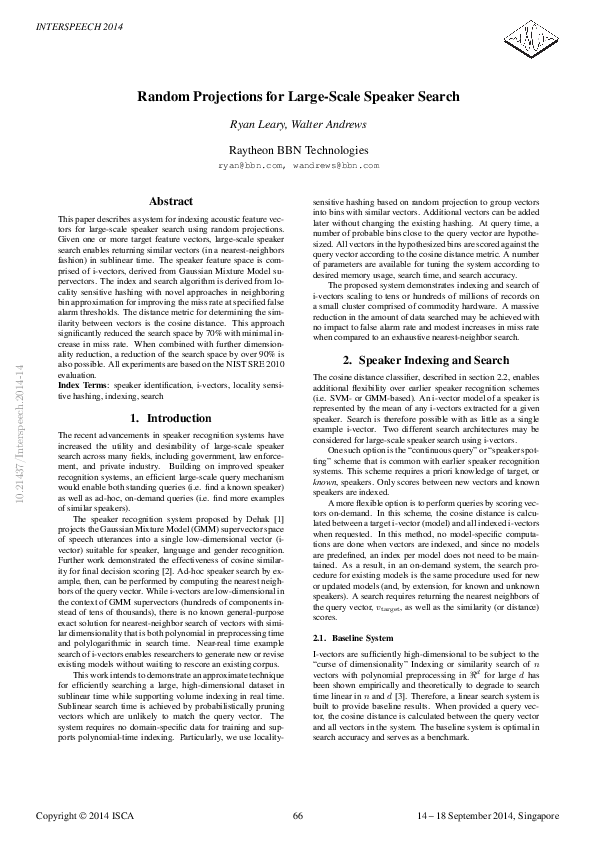 (PDF) Random projections for large-scale speaker search