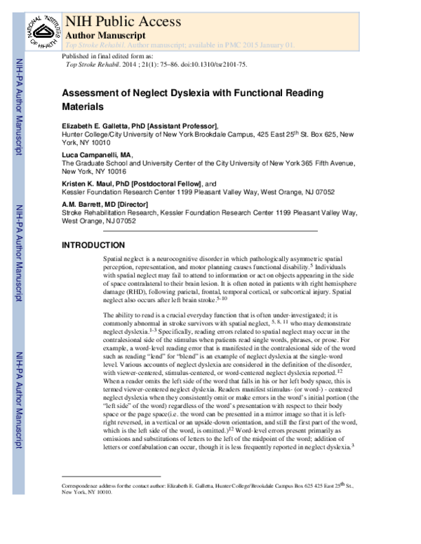 (PDF) Assessment of Neglect Dyslexia With Functional Reading Materials