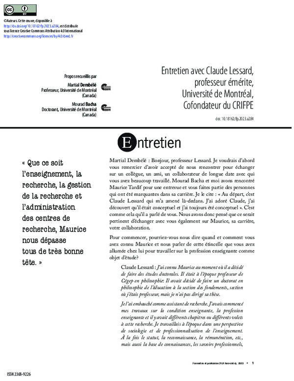 (PDF) Entretien avec Claude Lessard