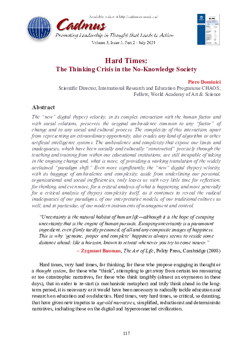 (PDF) Hard Times: The Thinking Crisis in the No-Knowledge Society