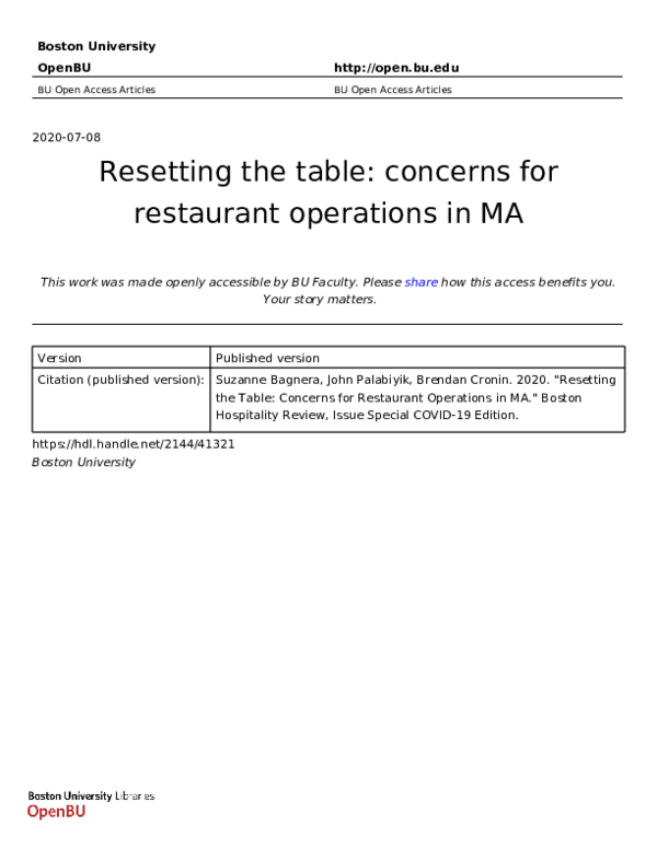 (PDF) Resetting the table: concerns for restaurant operations in MA
