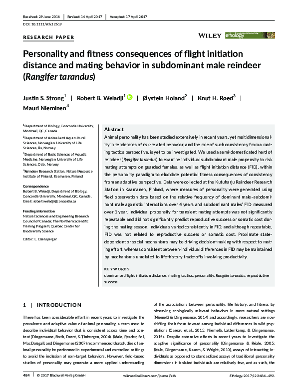 (PDF) Personality and fitness consequences of flight initiation ...