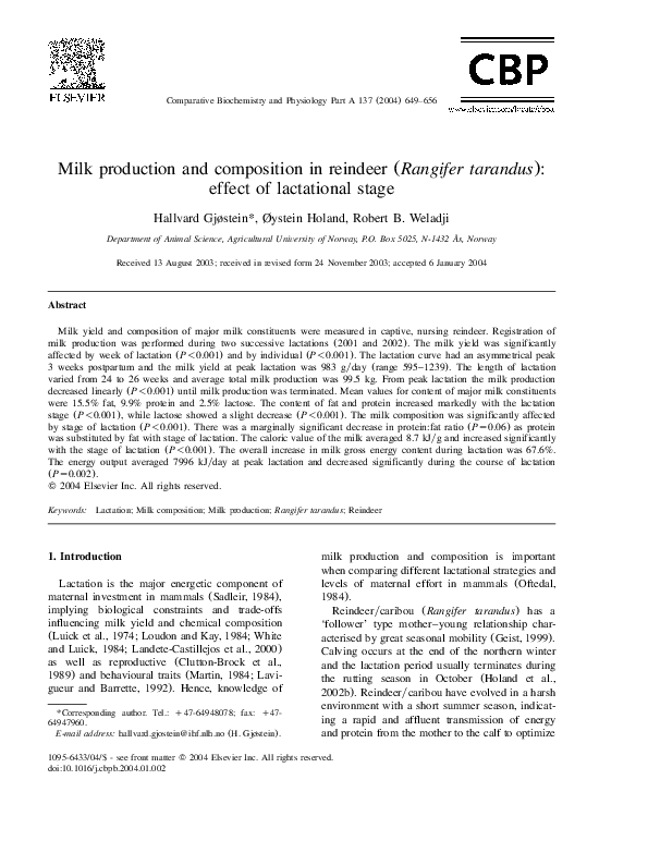 (PDF) Milk production and composition in reindeer (Rangifer tarandus): effect of lactational stage
