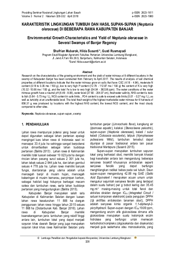 (PDF) Karakteristik lingkungan tumbuh dan hasil supan-supan (Neptunia oleraceae) di beberapa ...